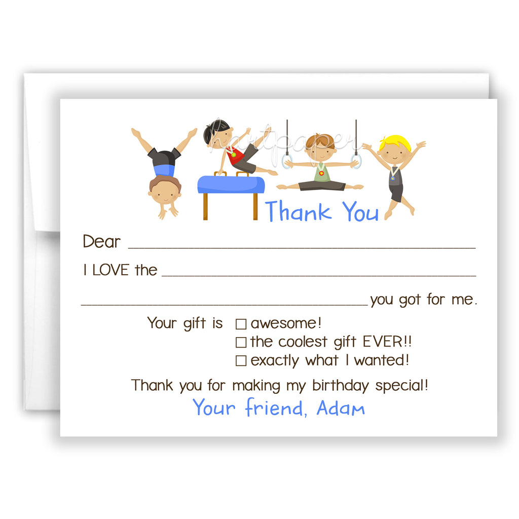 Gymnastics Thank You Cards Fill In the Blank Personalized Boy Girl Kids ...
