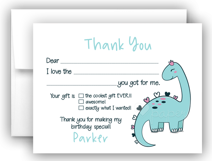 Dinosaur Thank You Cards Fill In the Blank Personalized Boy Girl Kids ...